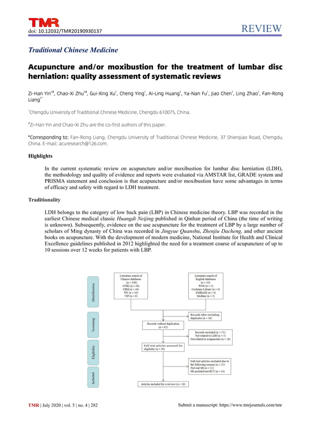 Acupuncture and/or moxibustion for the treatment of lumbar disc ...