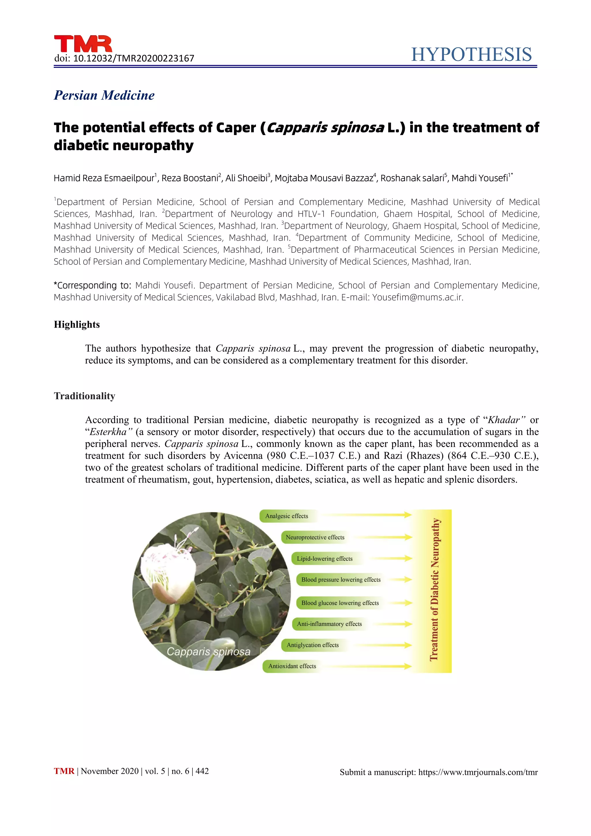 The potential effects of Caper (Capparis spinosa L.) in the treatment ...