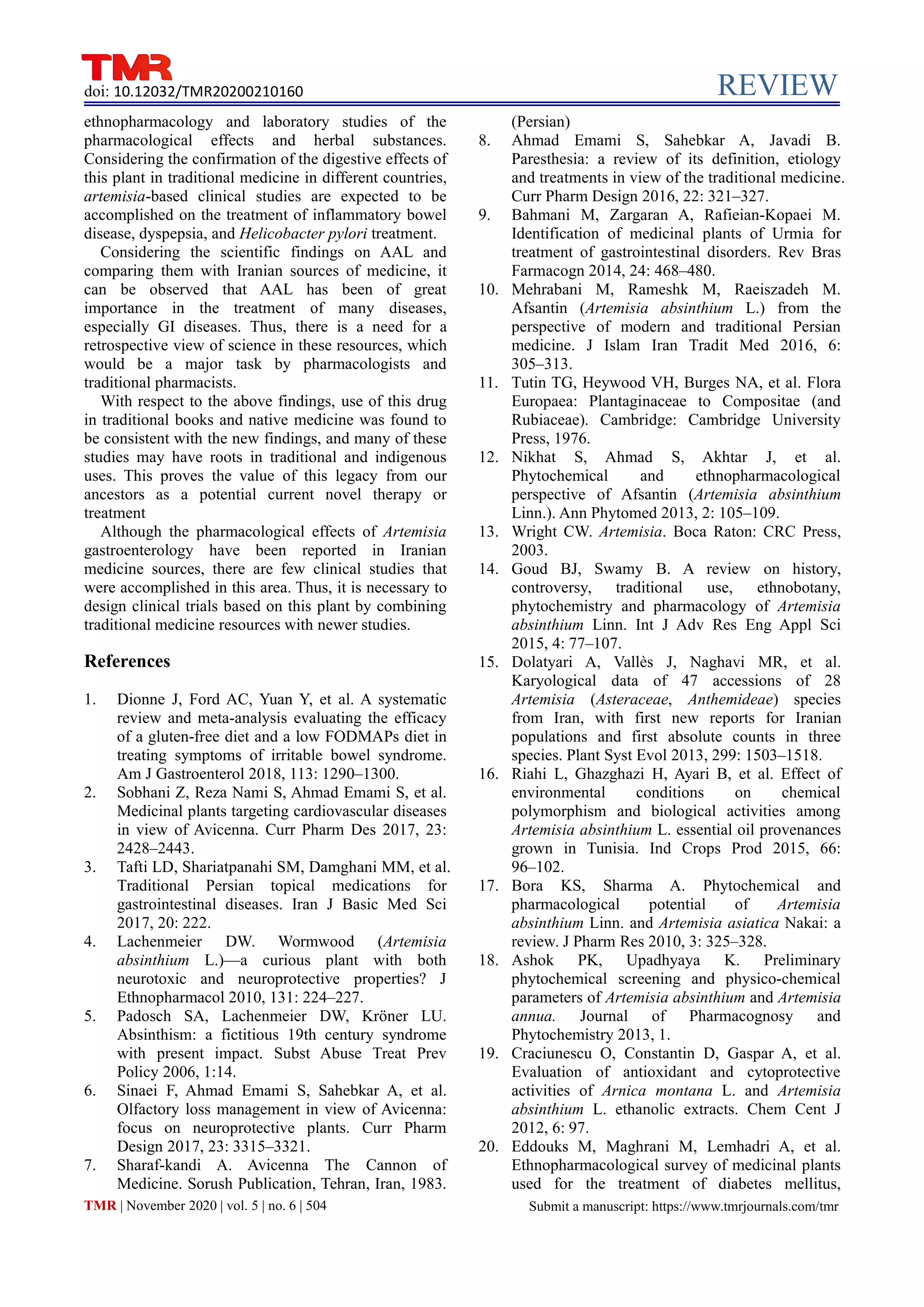 Gastrointestinal effects of Artemisia absinthium Linn. based on ...