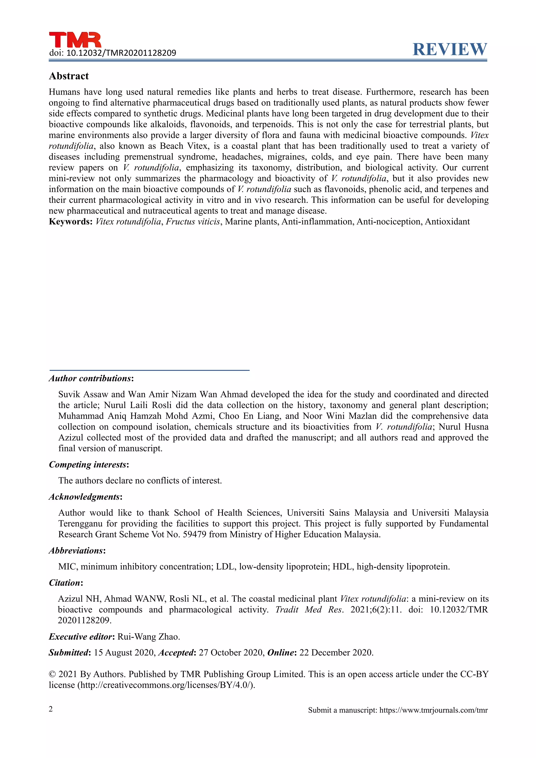 The coastal medicinal plant Vitex rotundifolia: a mini-review on its ...