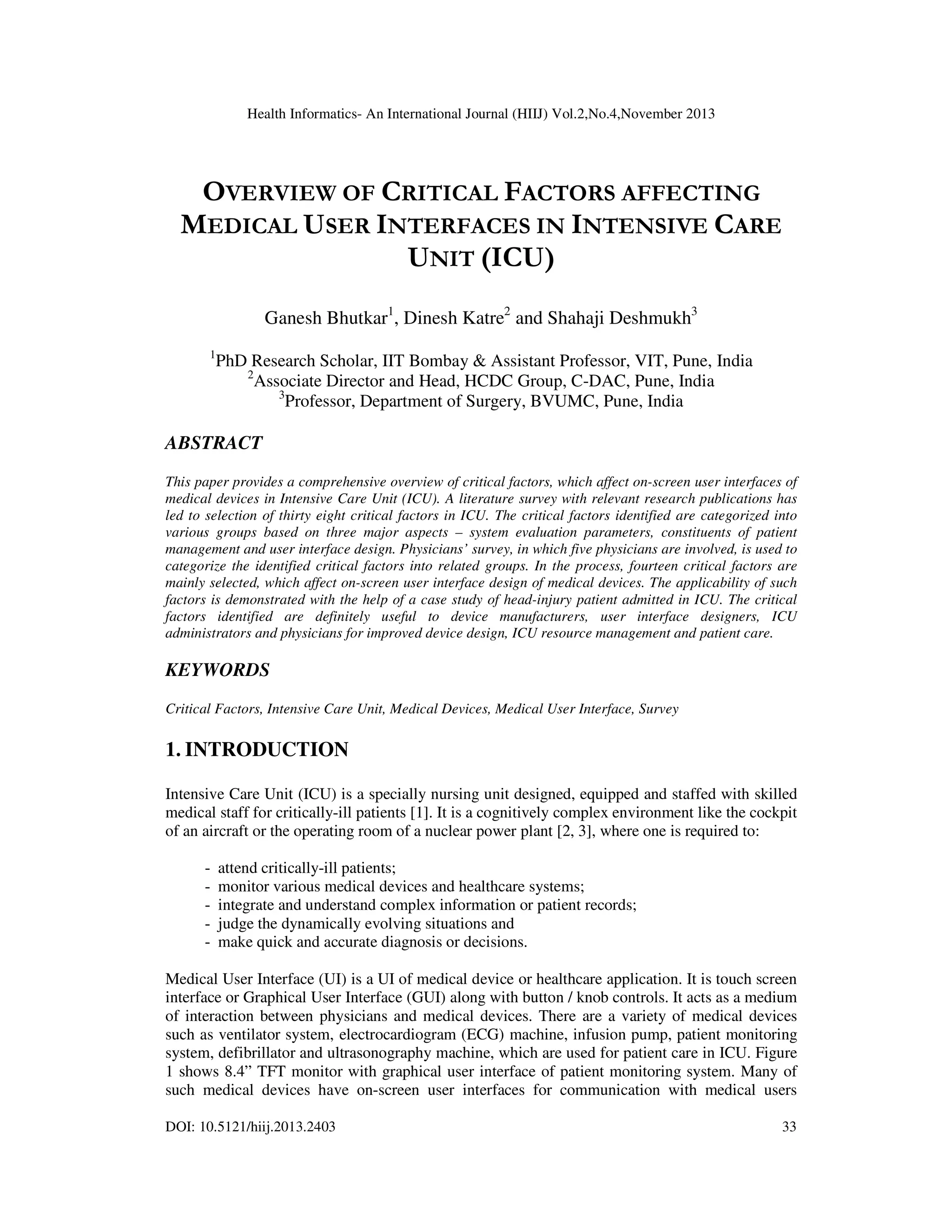 OVERVIEW OF CRITICAL FACTORS AFFECTING MEDICAL USER INTERFACES IN ...