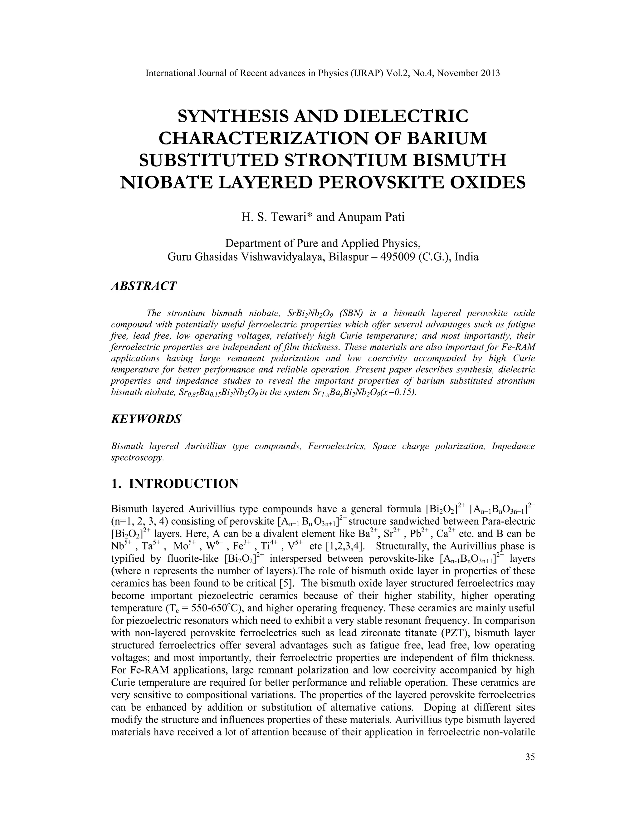 SYNTHESIS AND DIELECTRIC CHARACTERIZATION OF BARIUM SUBSTITUTED STRONTIUM BISMUTH NIOBATE ...