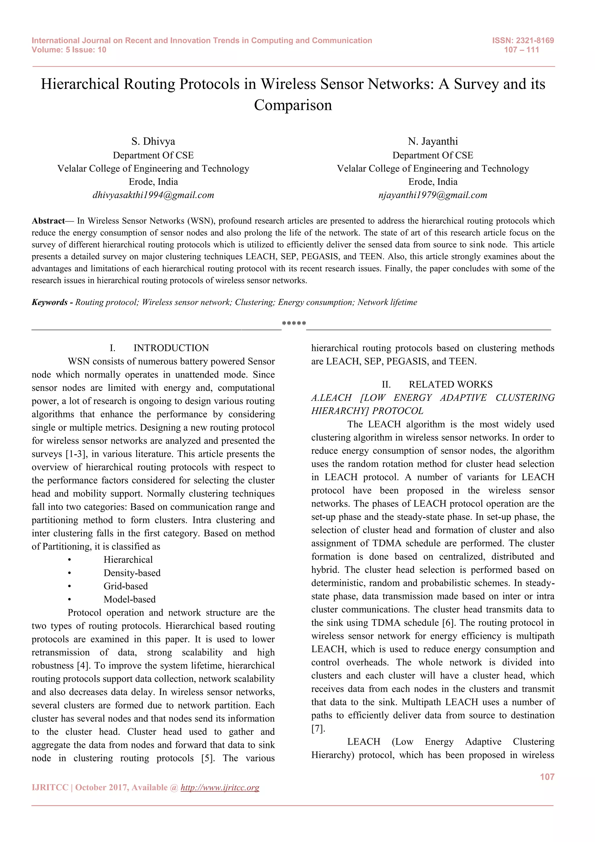 Hierarchical Routing Protocols In Wireless Sensor Networks A Survey