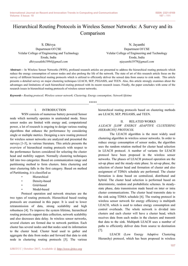 Hierarchical Routing Protocols In Wireless Sensor Networks A Survey And Its Comparison Pdf