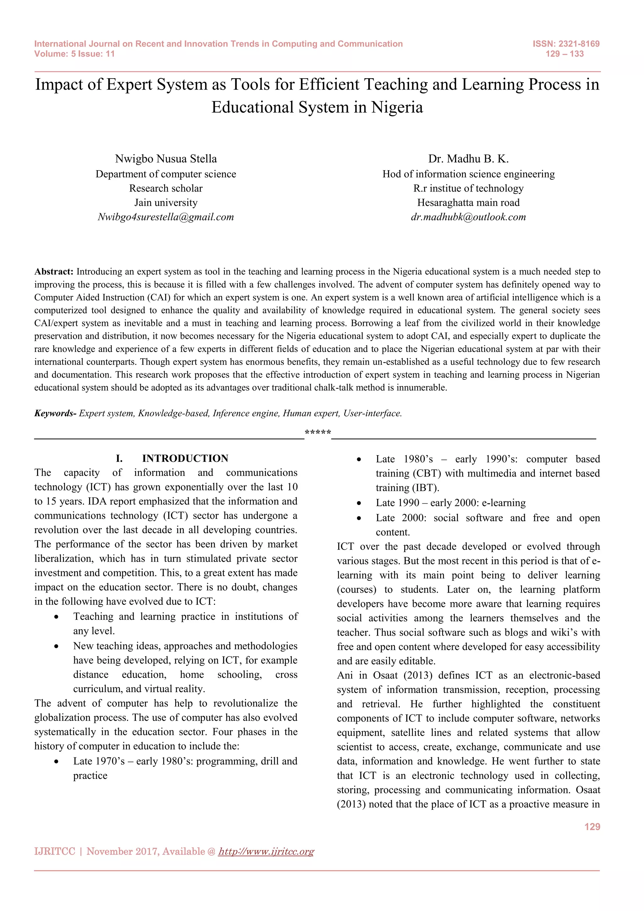 Impact of Expert System as Tools for Efficient Teaching and Learning ...