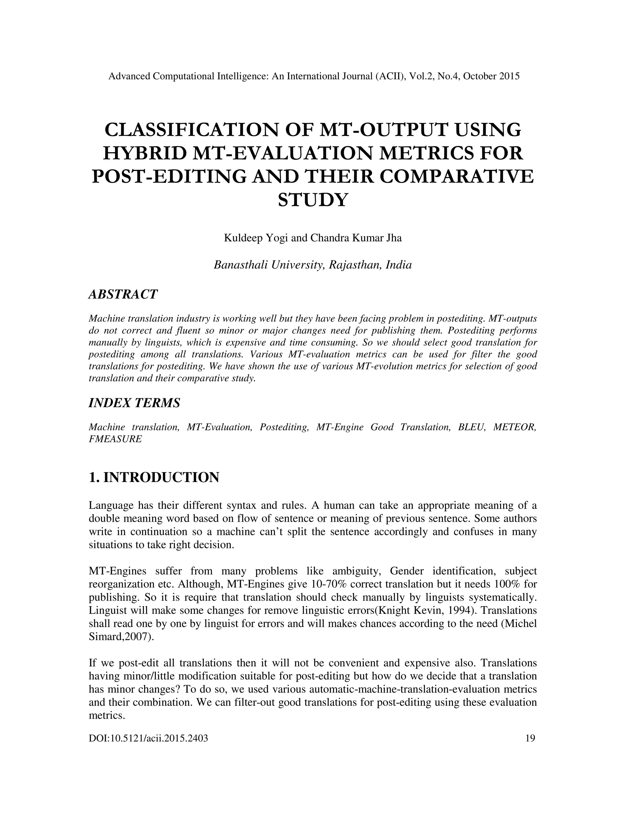 Classification Of Mt Output Using Hybrid Mt Evaluation Metrics For Post