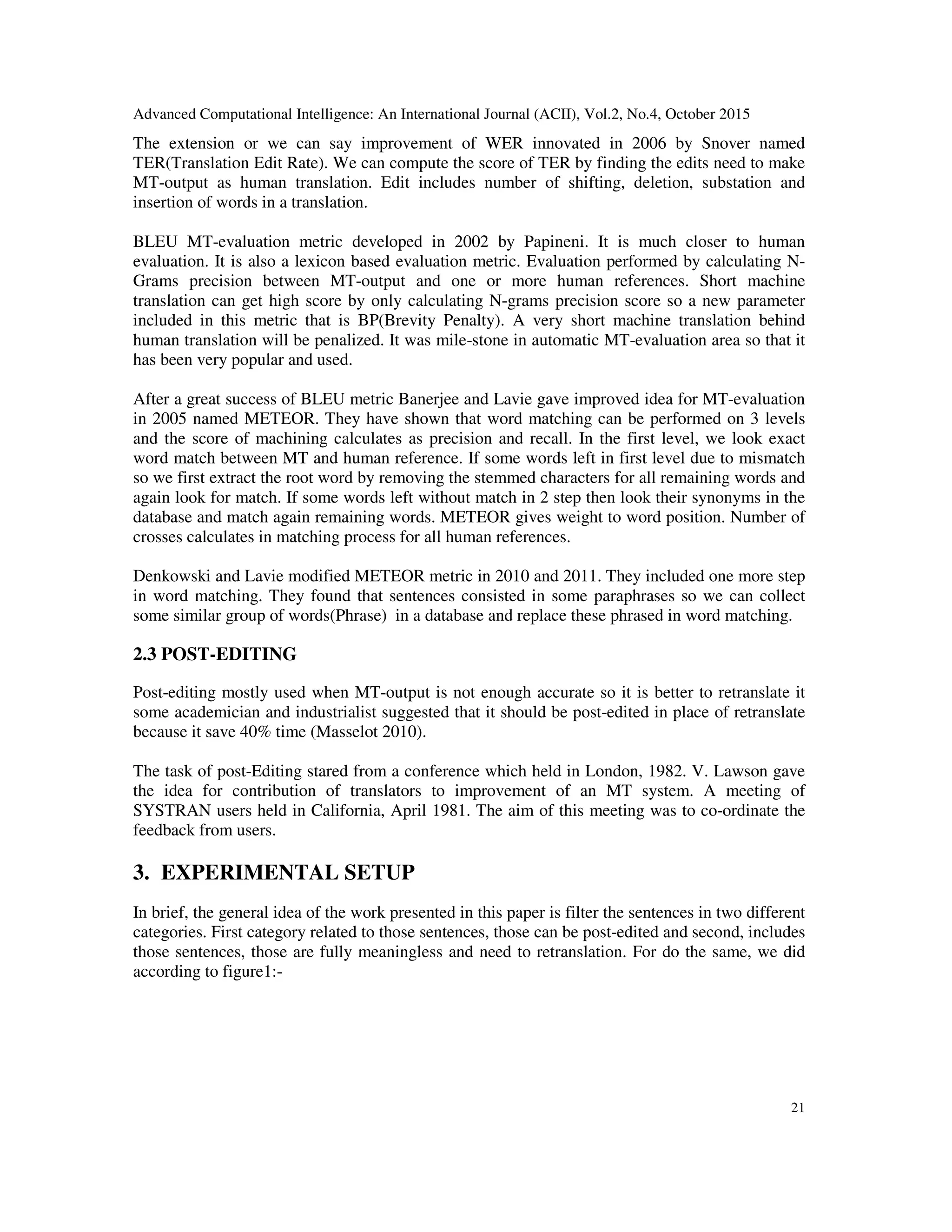 Classification of MT-Output Using Hybrid MT-Evaluation Metrics for Post-Editing and Their ...