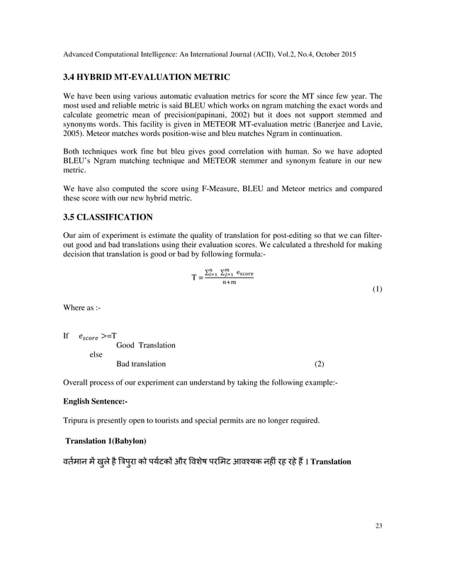 Classification Of Mt Output Using Hybrid Mt Evaluation Metrics For Post Editing And Their