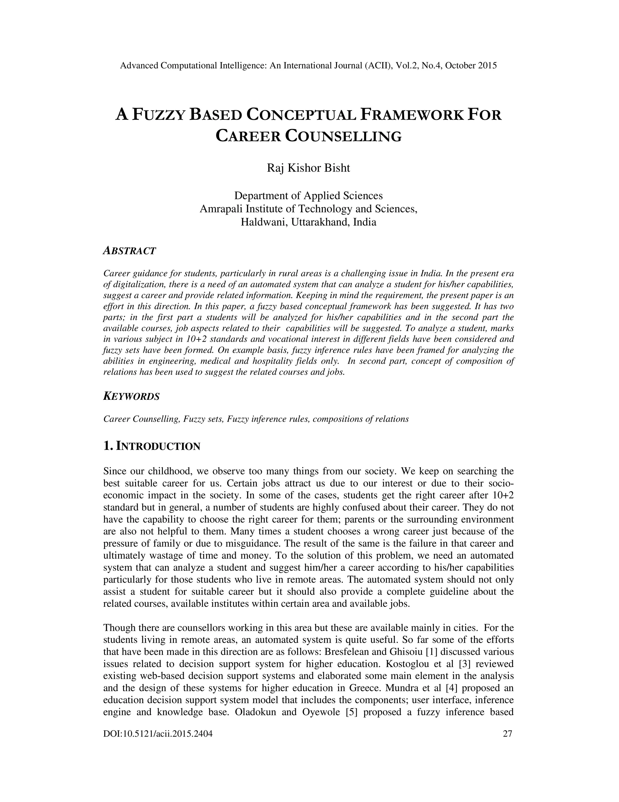 A Fuzzy Based Conceptual Framework for Career Counselling | PDF