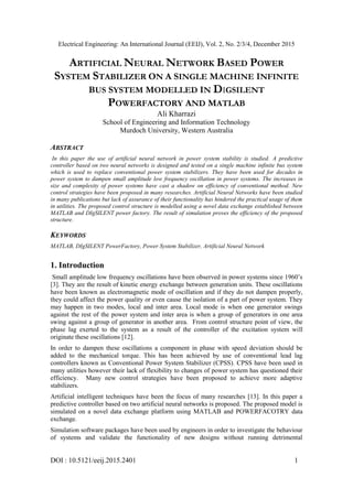 ARTIFICIAL NEURAL NETWORK BASED POWER SYSTEM STABILIZER ON A SINGLE MACHINE INFINITE BUS SYSTEM ...