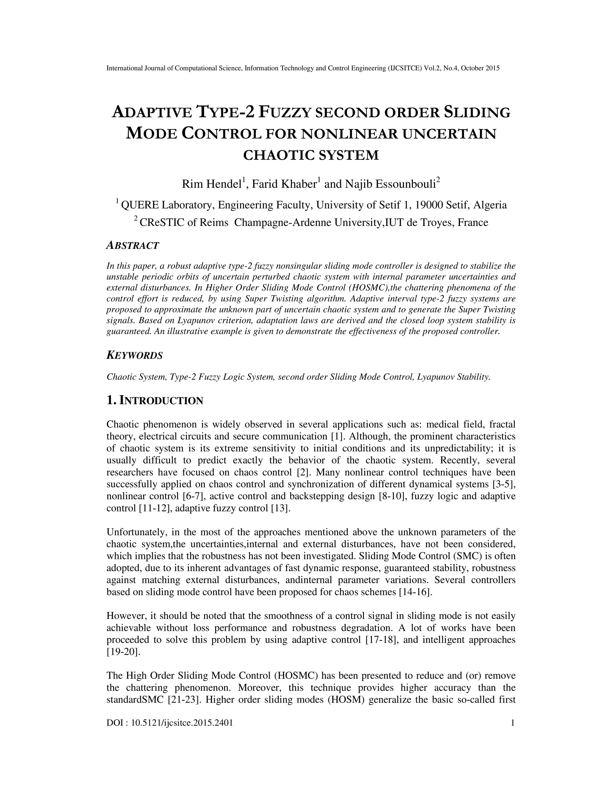 Adaptive Type 2 Fuzzy Second Order Sliding Mode Control For Nonlinear