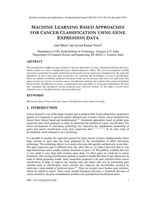 Machine Learning Based Approaches For Cancer Classification Using Gene Expression Data Pdf
