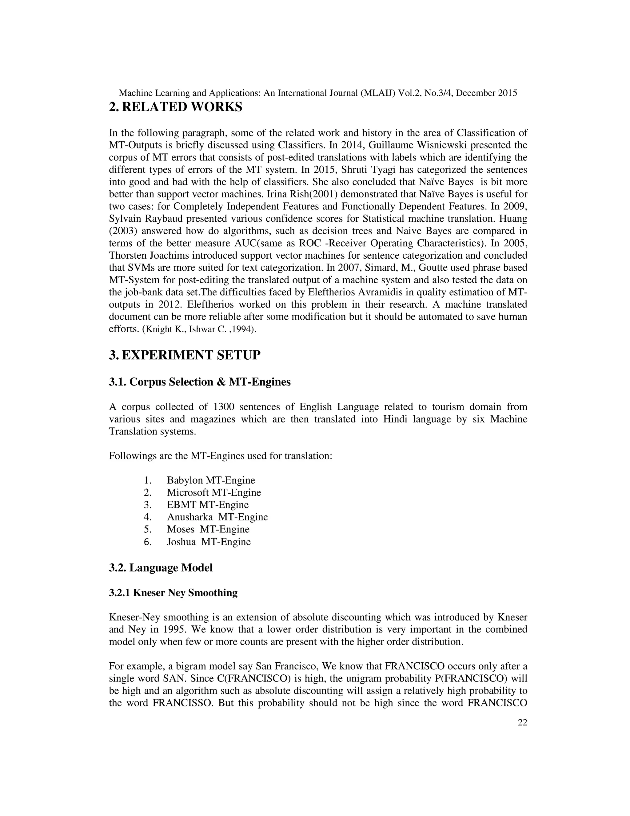 Classification Of Machine Translation Outputs Using Nb Classifier And