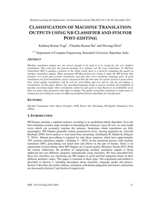 Classification of Machine Translation Outputs Using NB Classifier and SVM for Post-Editing | PDF