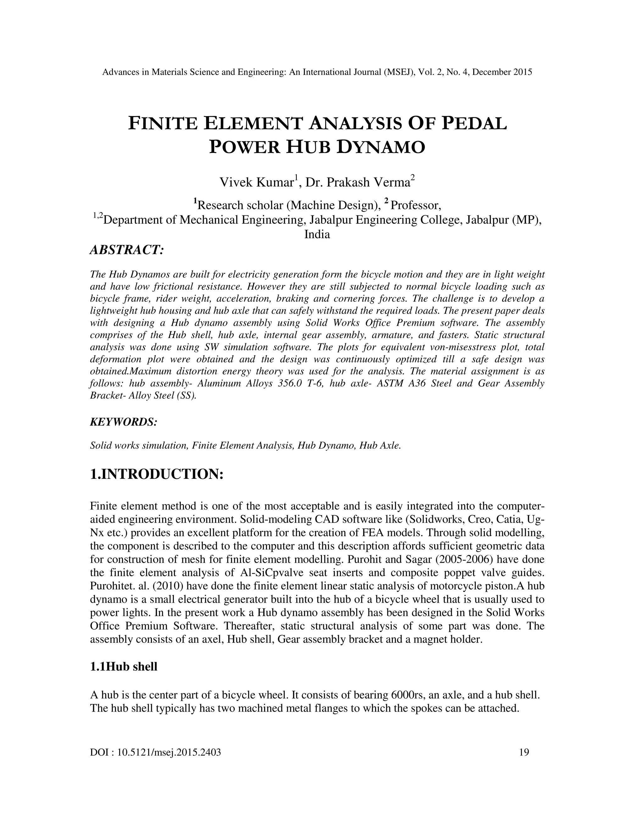 FINITE ELEMENT ANALYSIS OF PEDAL POWER HUB DYNAMO | PDF