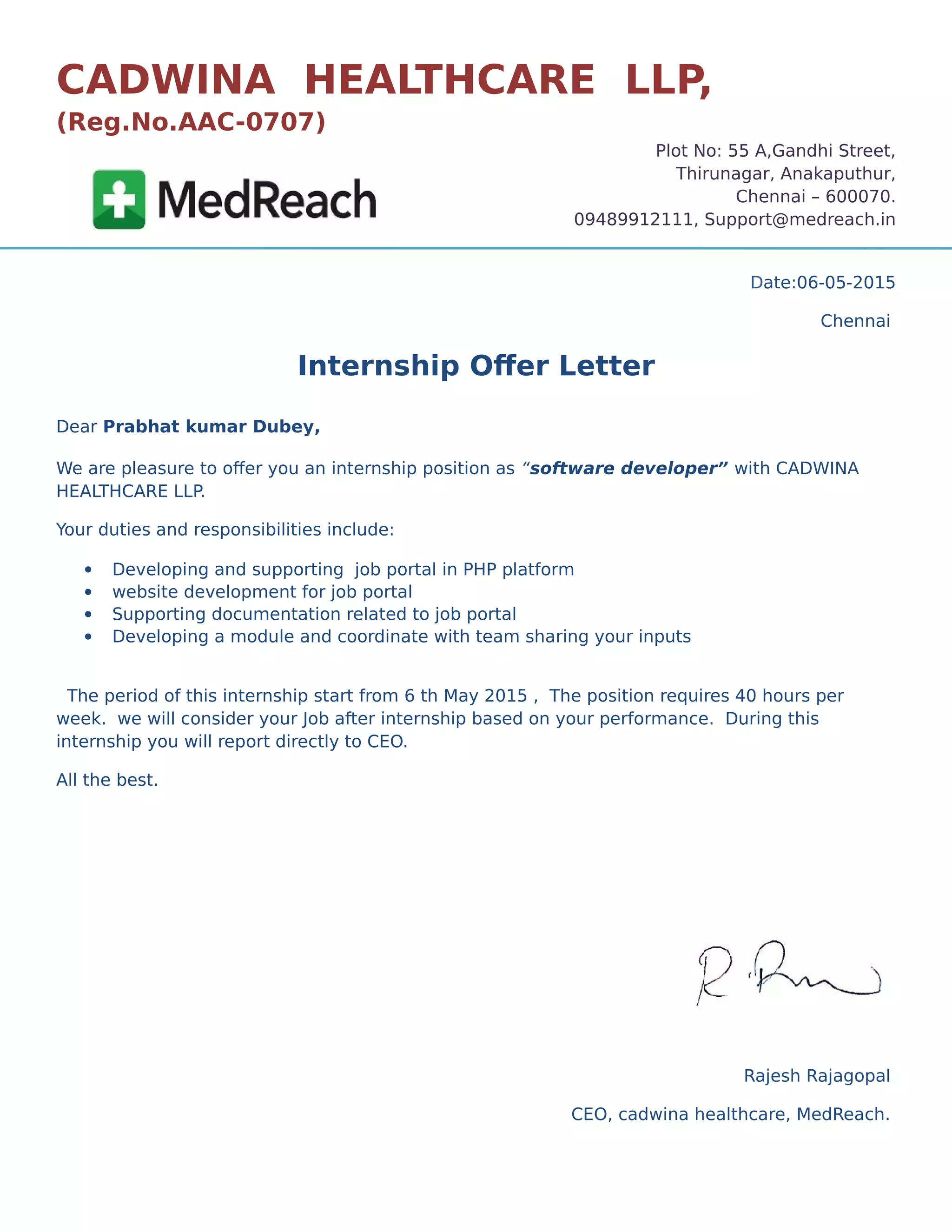 Prabhat kumar Dubey - offer letter | PDF