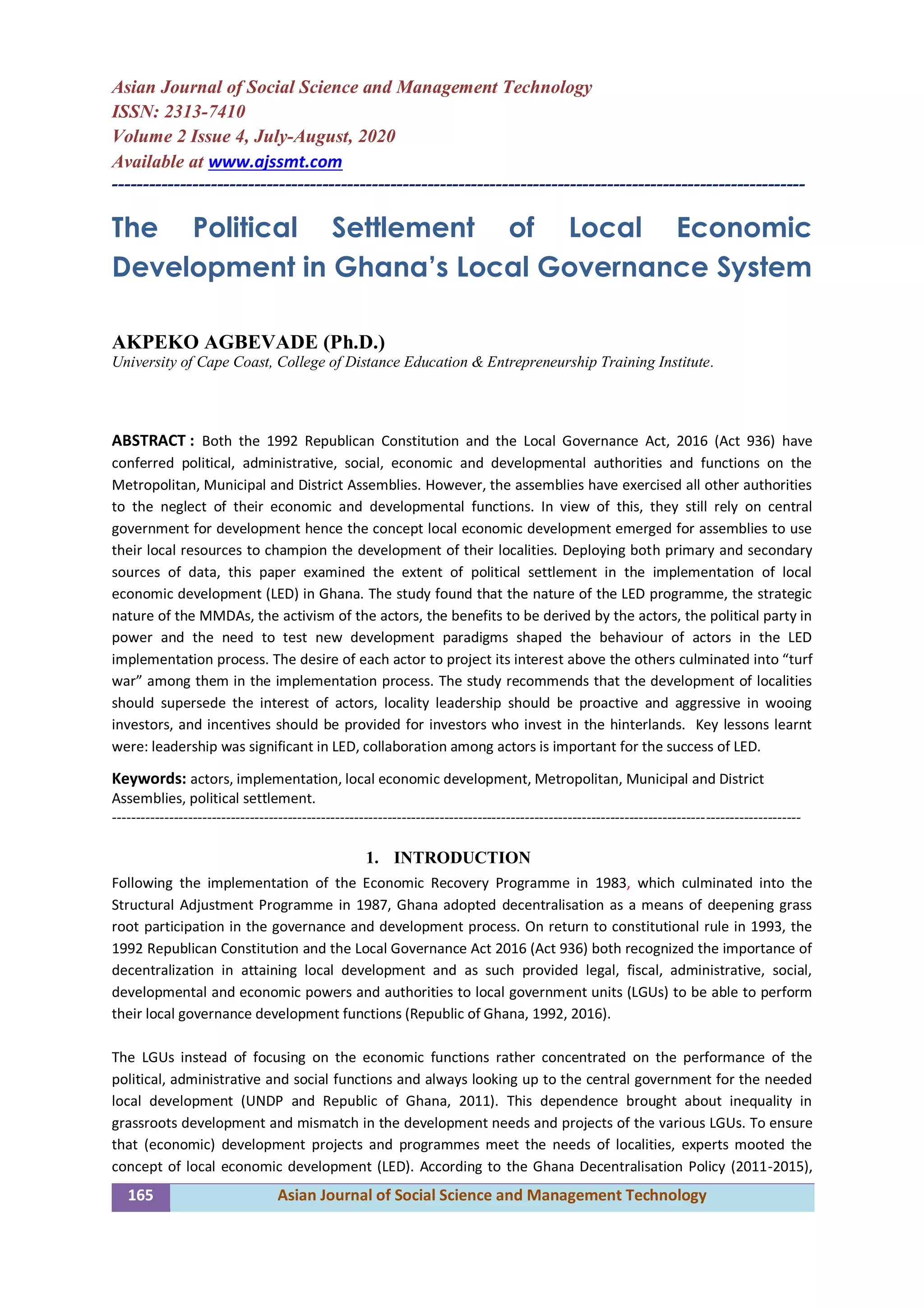 The Political Settlement of Local Economic Development in Ghana’s Local ...