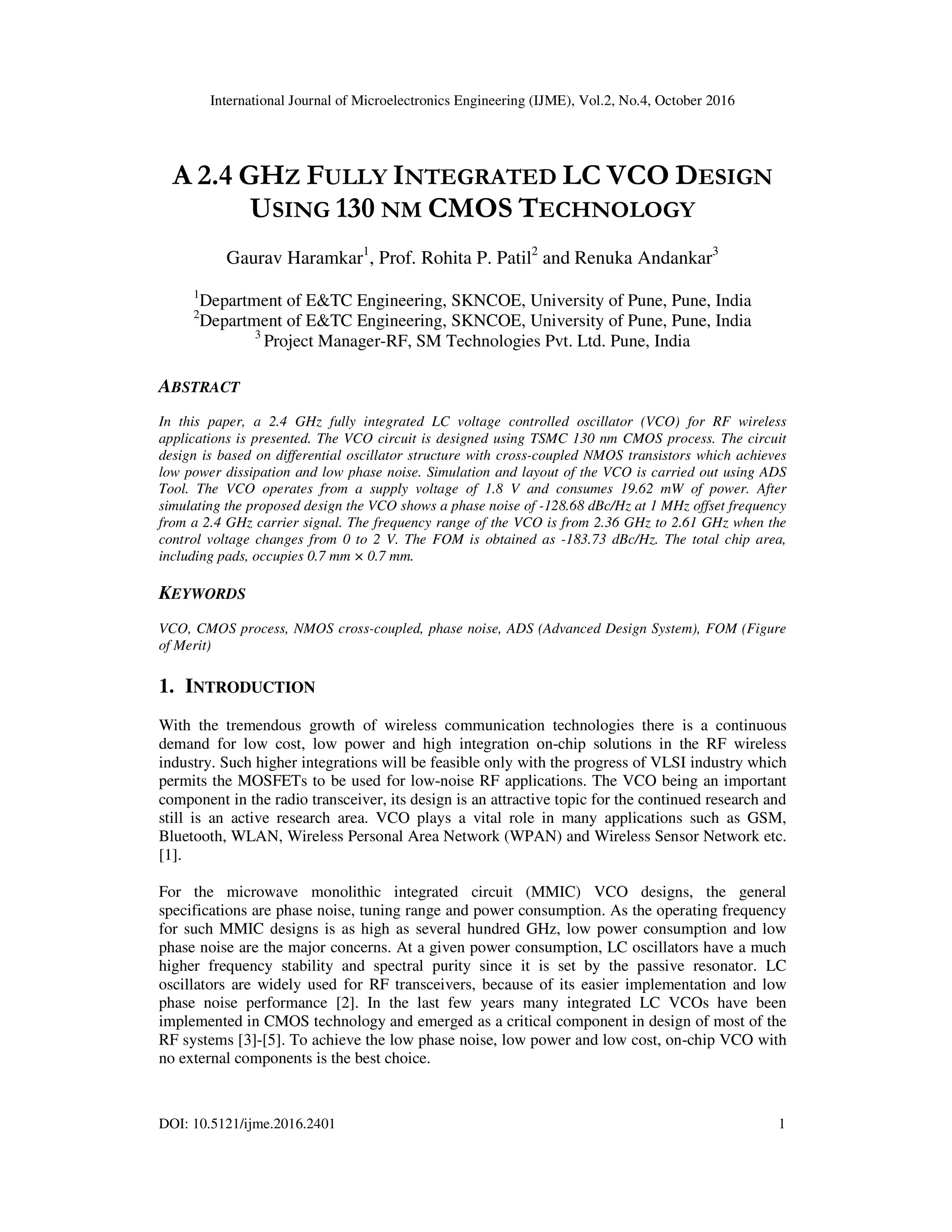 A 2.4 GHZ FULLY INTEGRATED LC VCO DESIGN USING 130 NM CMOS TECHNOLOGY | PDF