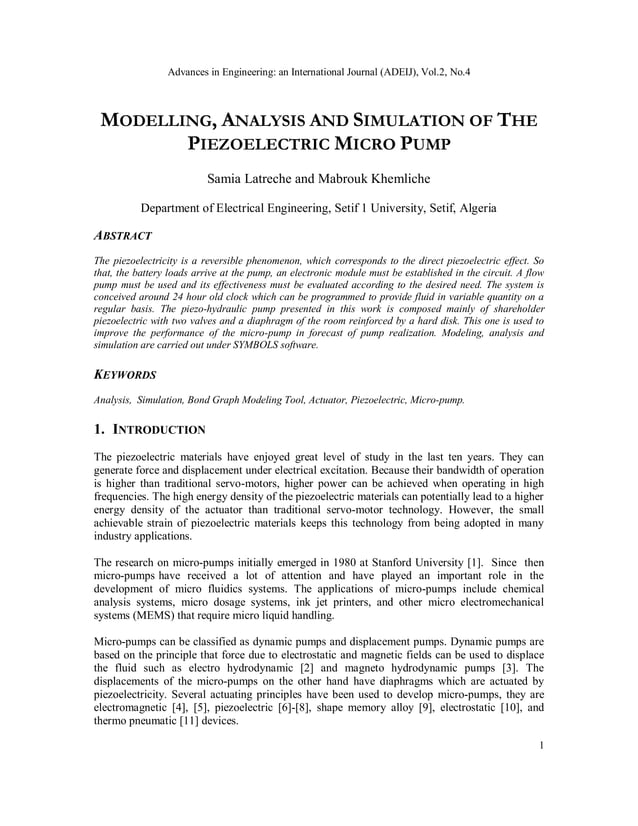 MODELLING, ANALYSIS AND SIMULATION OF THE PIEZOELECTRIC MICRO PUMP | PDF