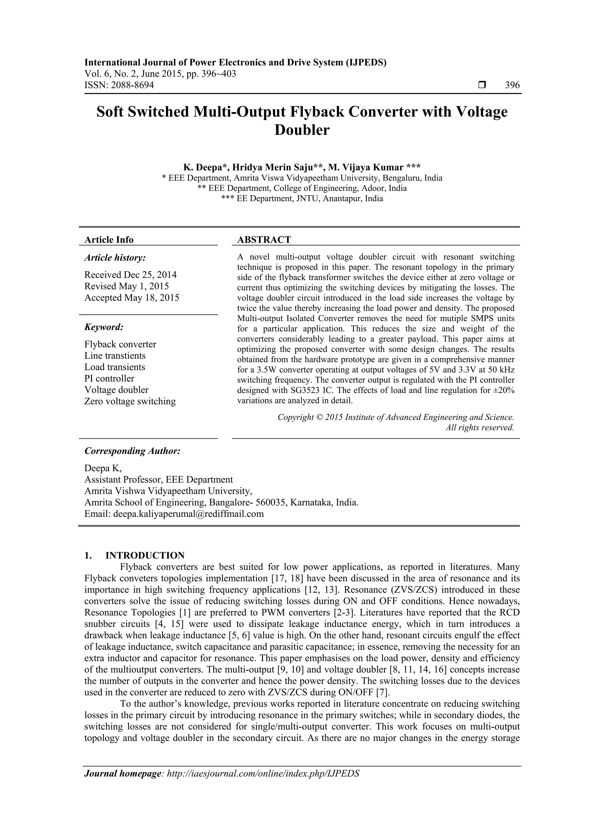 Soft Switched Multi-Output Flyback Converter with Voltage Doubler | PDF