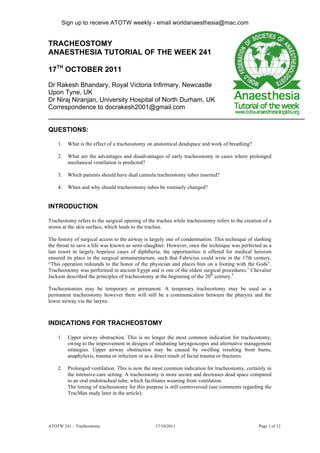Tracheostomy overview | PDF