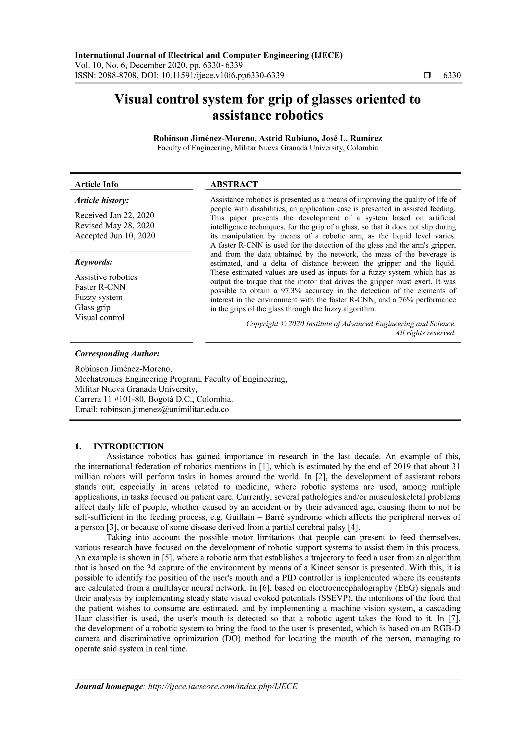 Visual control system for grip of glasses oriented to assistance ...