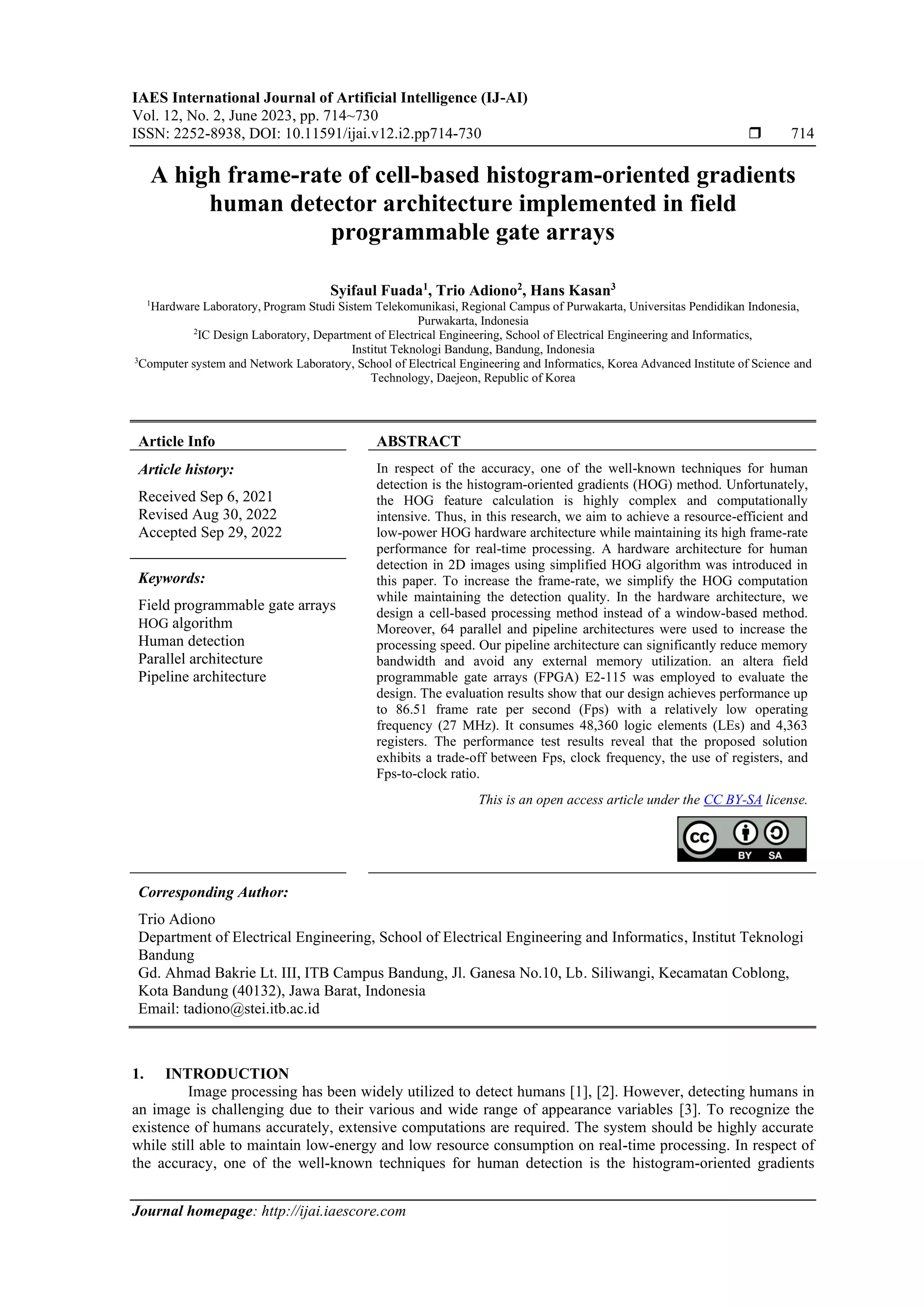 A High Frame Rate Of Cell Based Histogram Oriented Gradients Human Detector Architecture