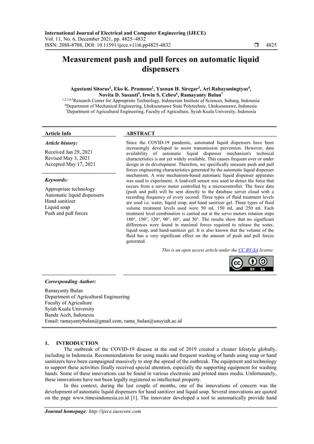Measurement push and pull forces on automatic liquid dispensers | PDF