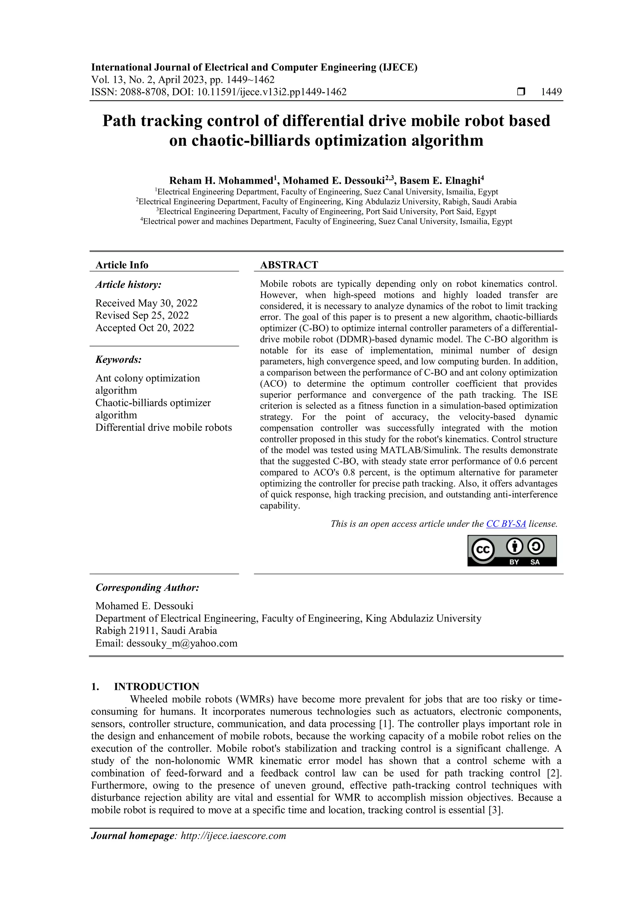 Path tracking control of differential drive mobile robot based on chaotic-billiards optimization ...