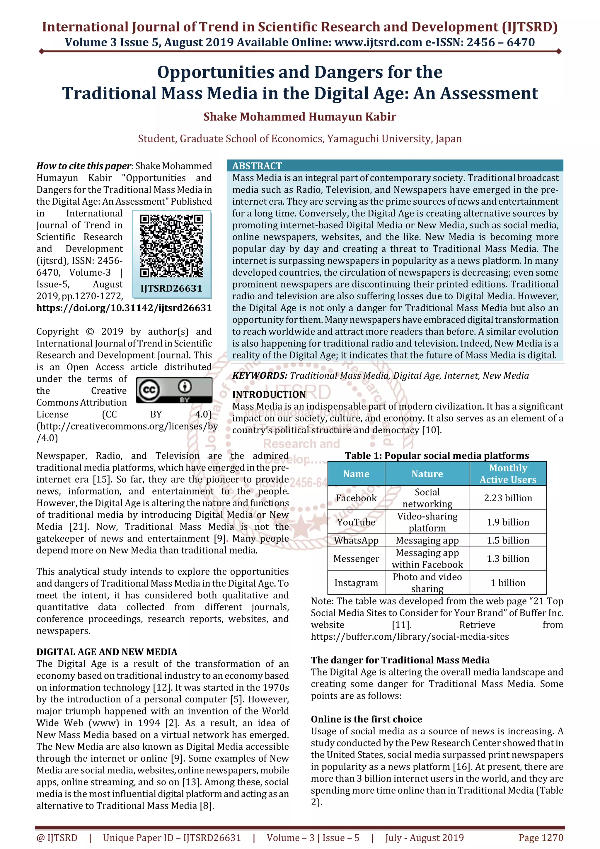 Opportunities and Dangers for the Traditional Mass Media in the Digital ...