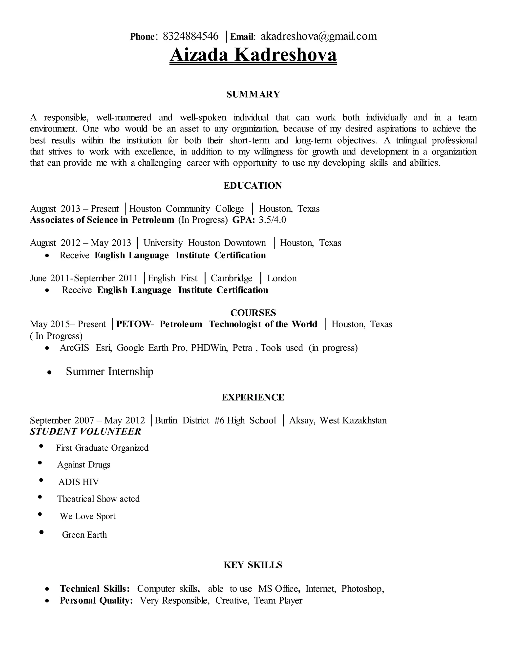 Aizada Kadreshov Resume | DOCX