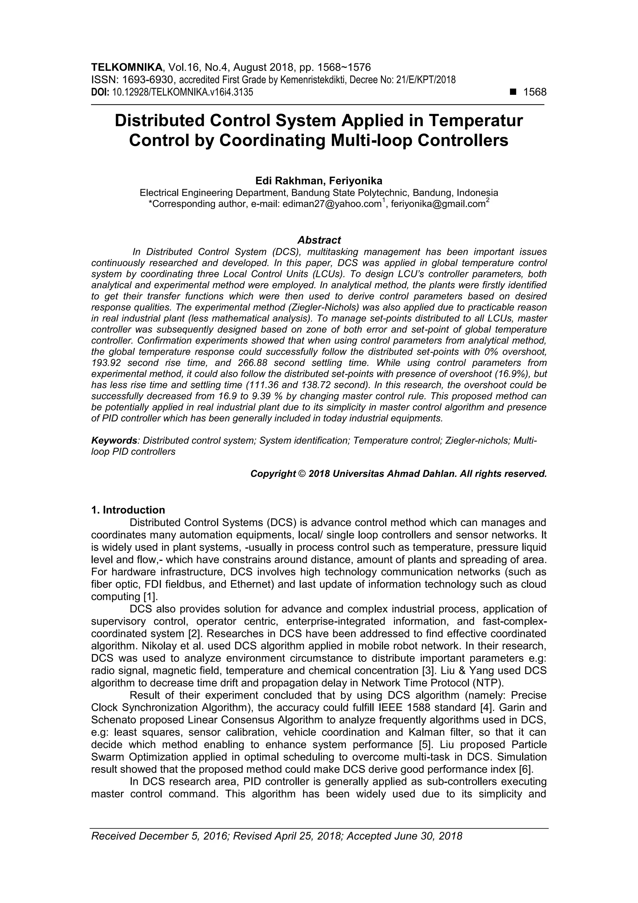 Distributed Control System Applied in Temperatur Control by Coordinating Multi-loop Controllers ...