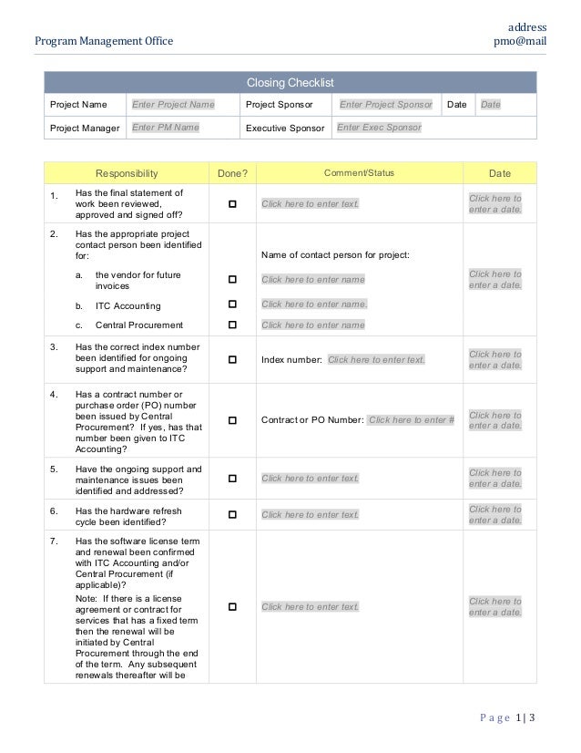 PMO Template - Closing Checklist