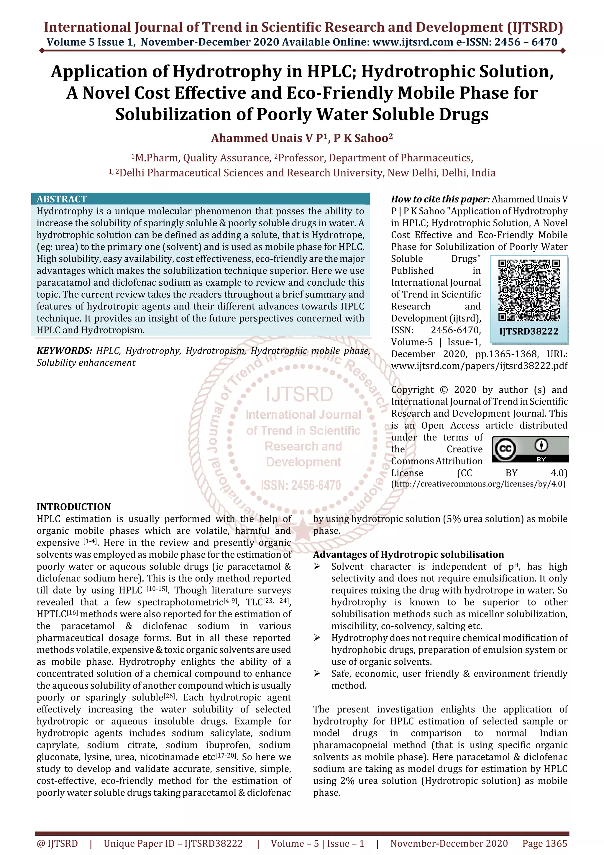 Application of Hydrotrophy in HPLC Hydrotrophic Solution, A Novel Cost Effective and Eco ...
