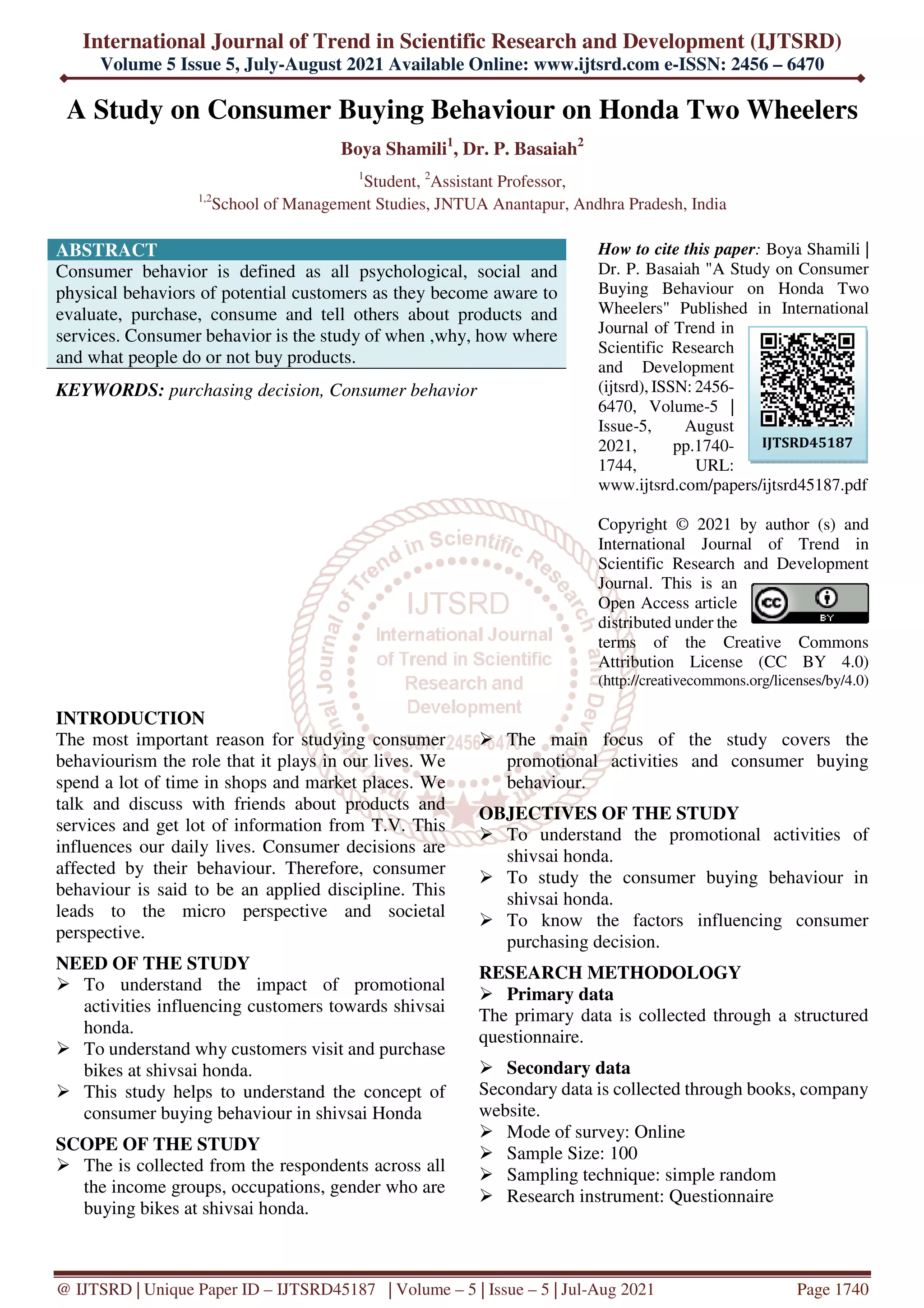 A Study on Consumer Buying Behaviour on Honda Two Wheelers | PDF