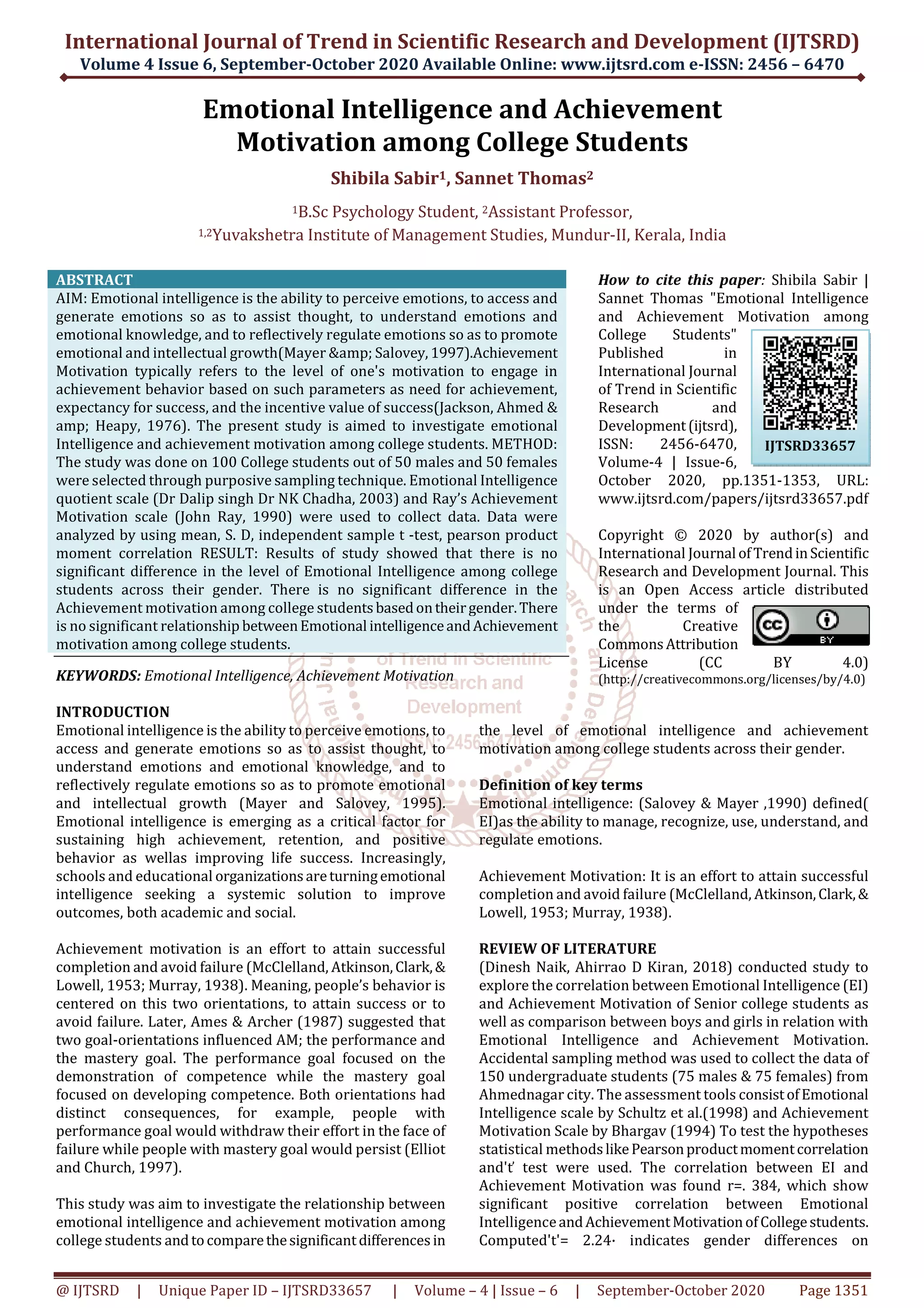 Emotional Intelligence and Achievement Motivation among College ...