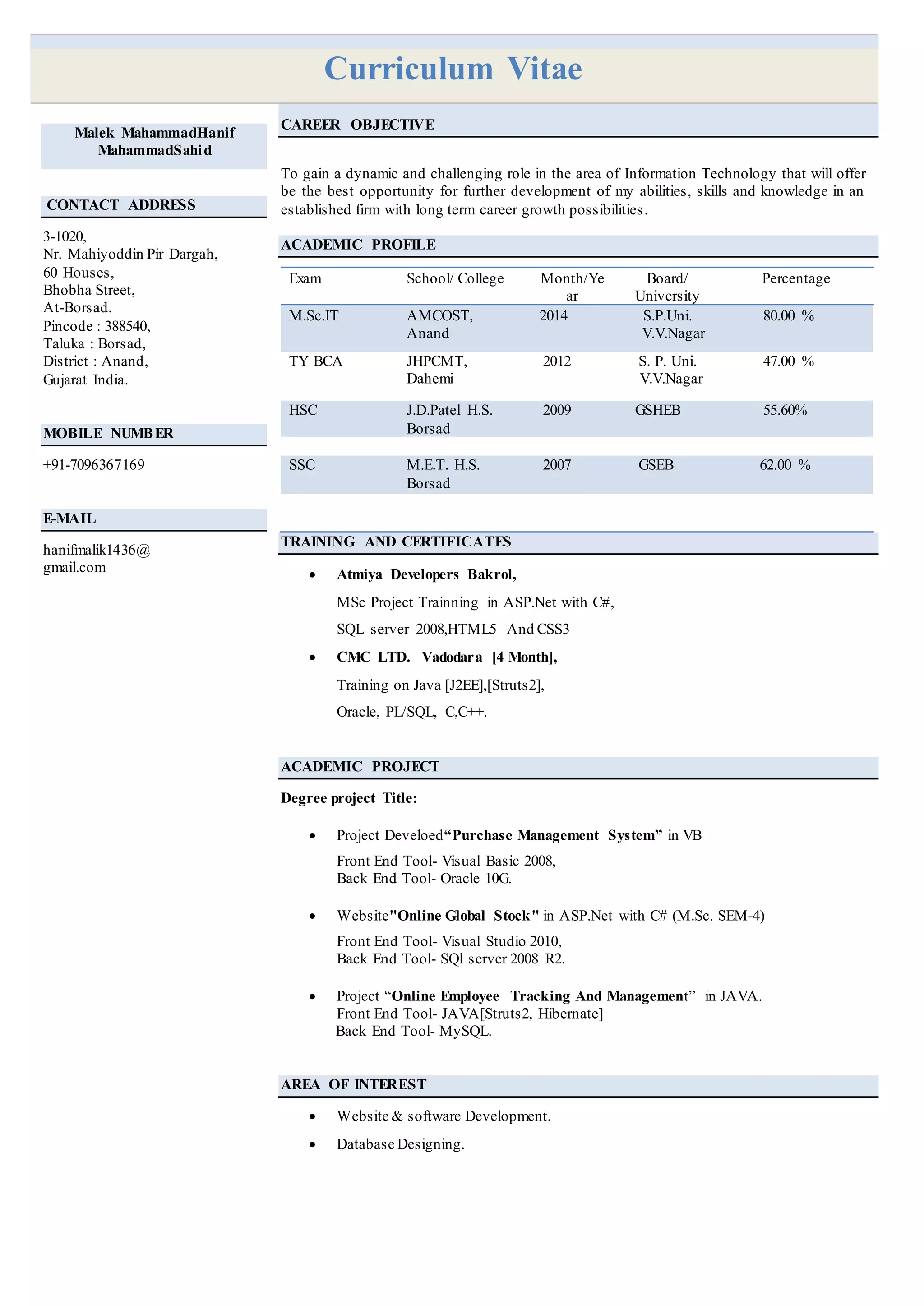 Hanif cv | PDF