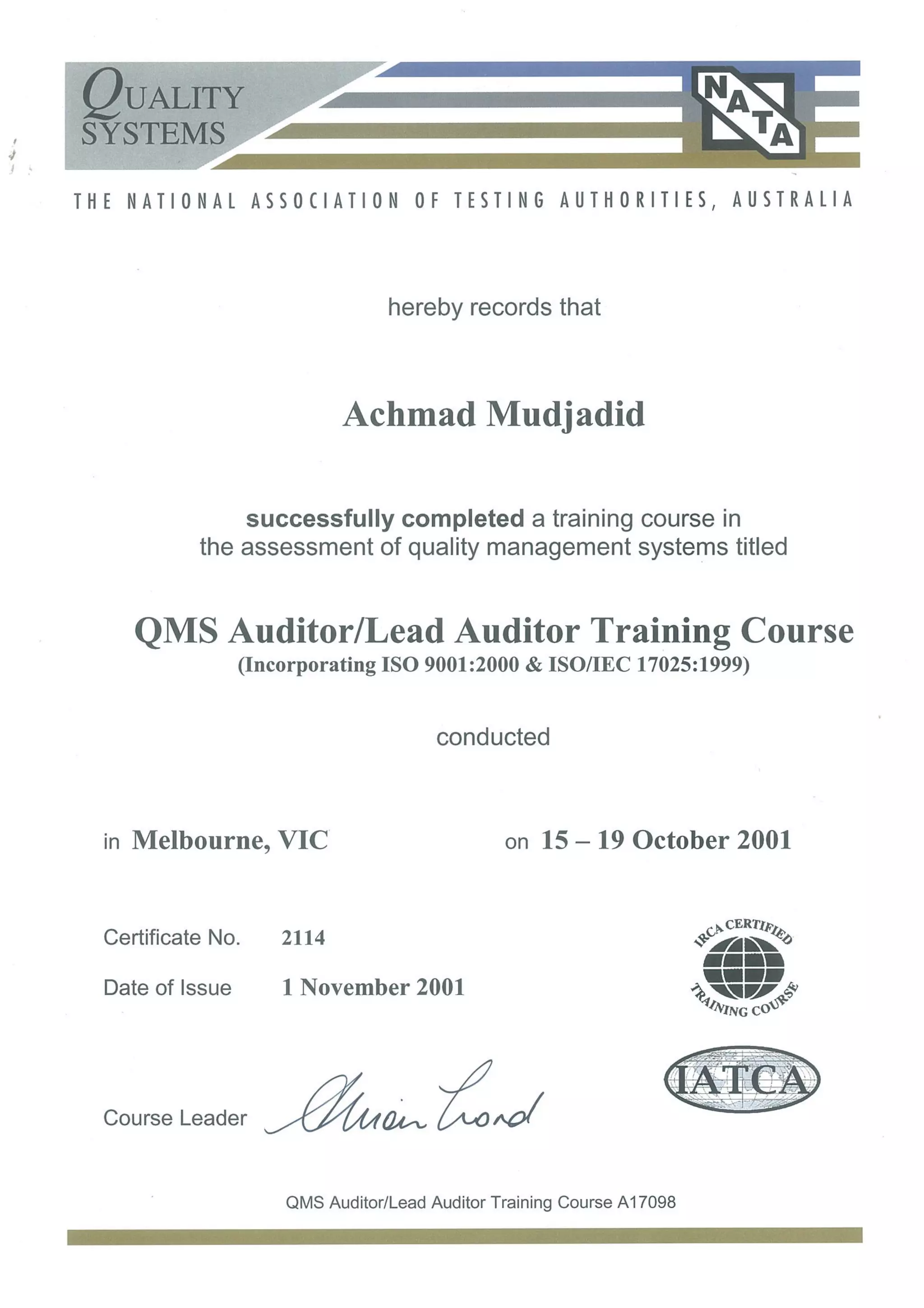 2001-Achmad Mudjadid-NATA-QMS Auditor & Lead Auditor Training Course | PDF