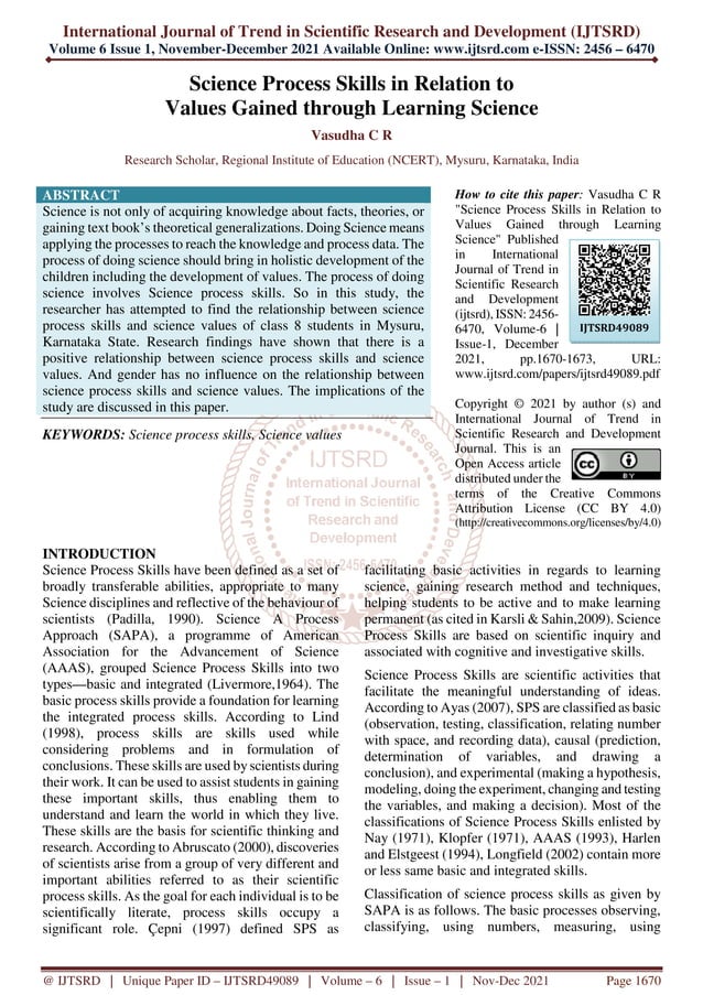 Science Process Skills in Relation to Values Gained through Learning Science | PDF ...