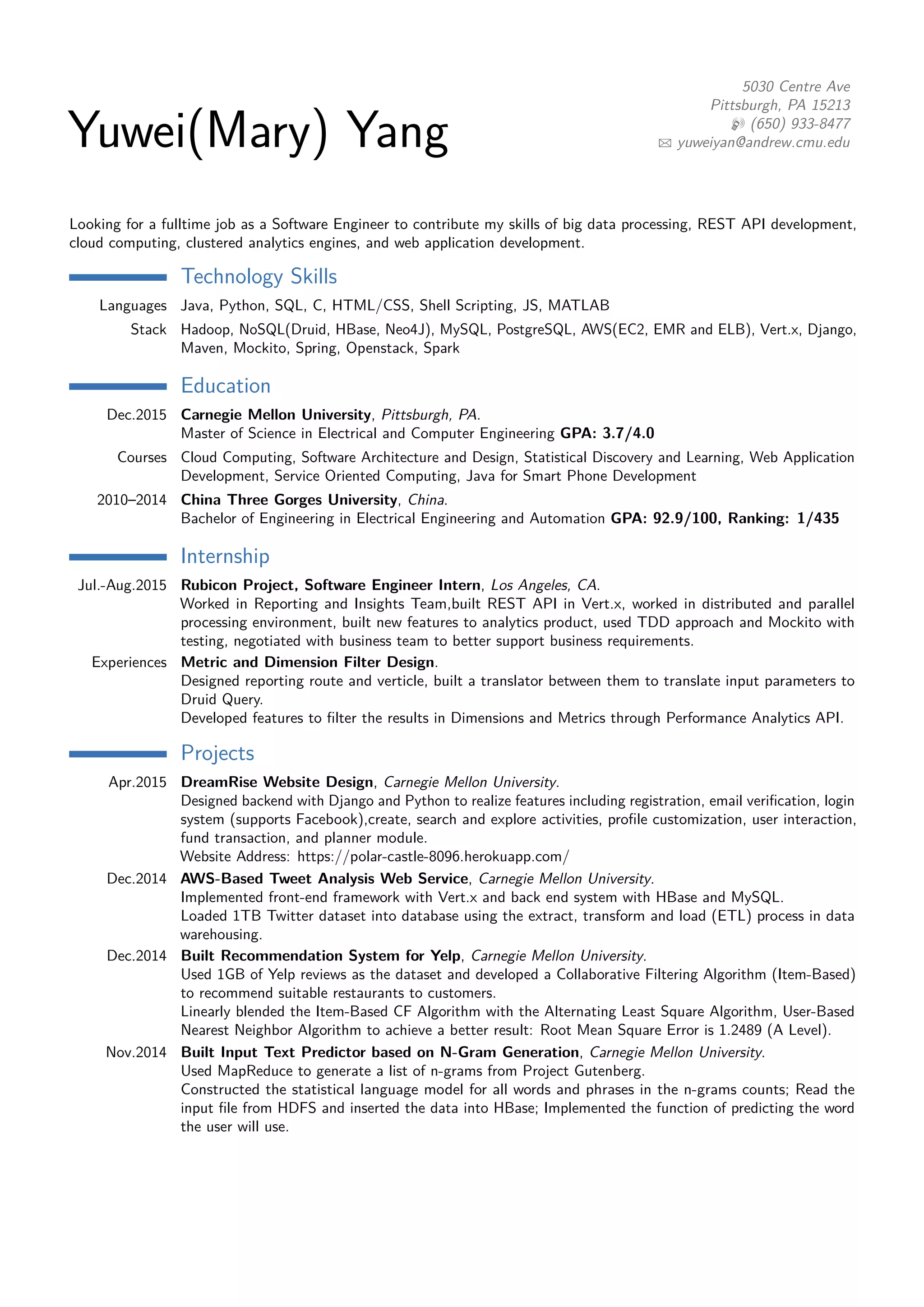 Yuwei(Mary) Yang resume | PDF