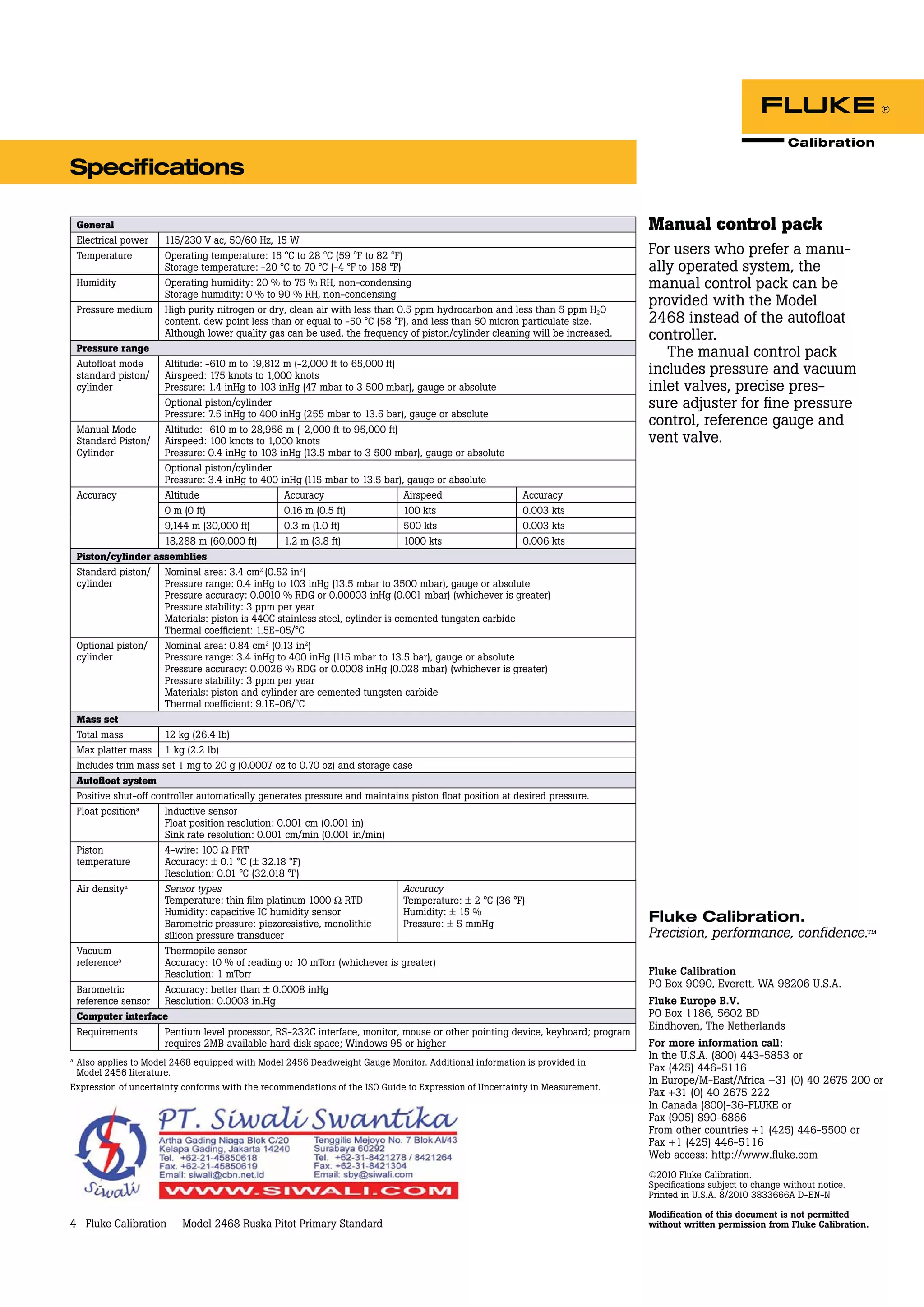 Technical Data 2468 Pitot Primary Standard | PDF