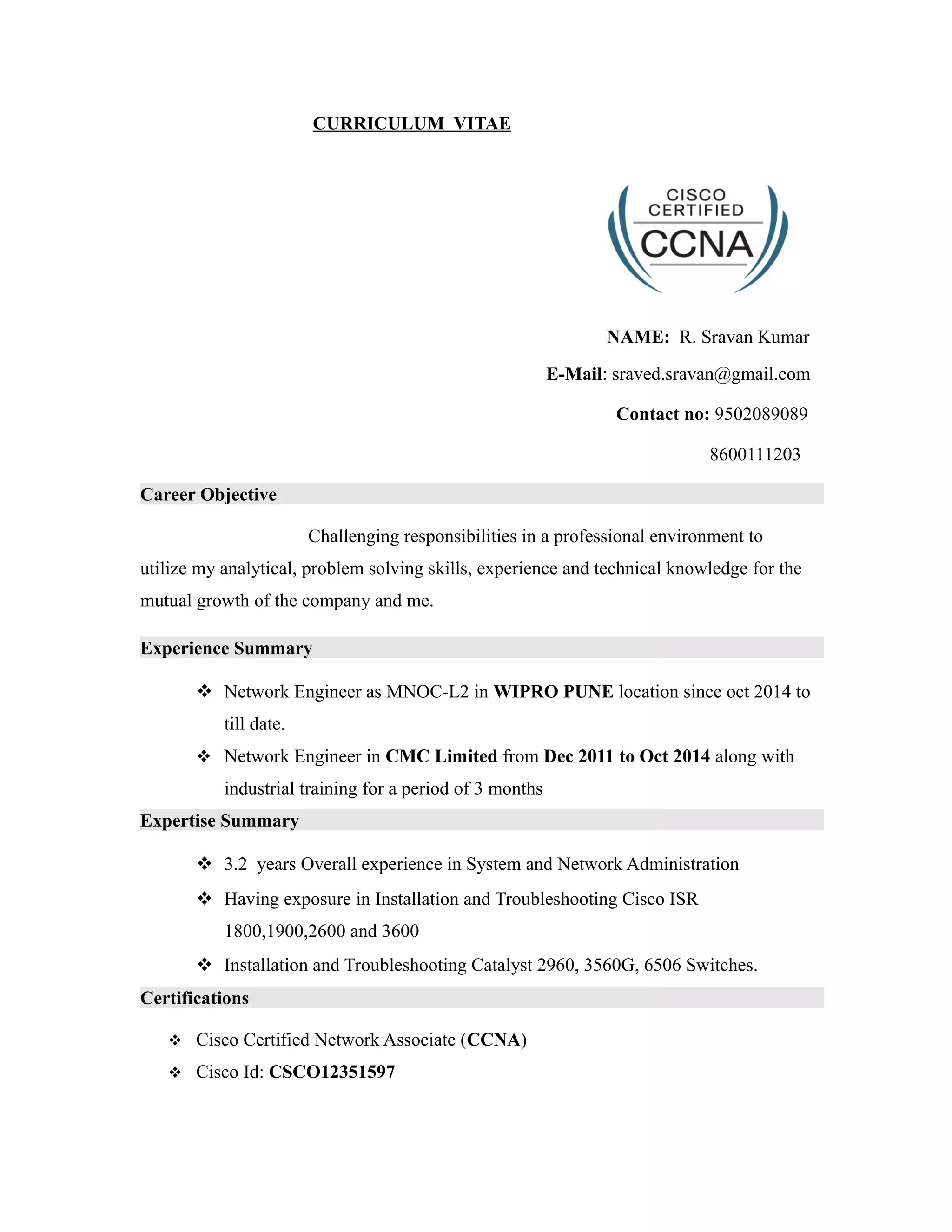 wipro sravan 16 june 2015 resume | DOC