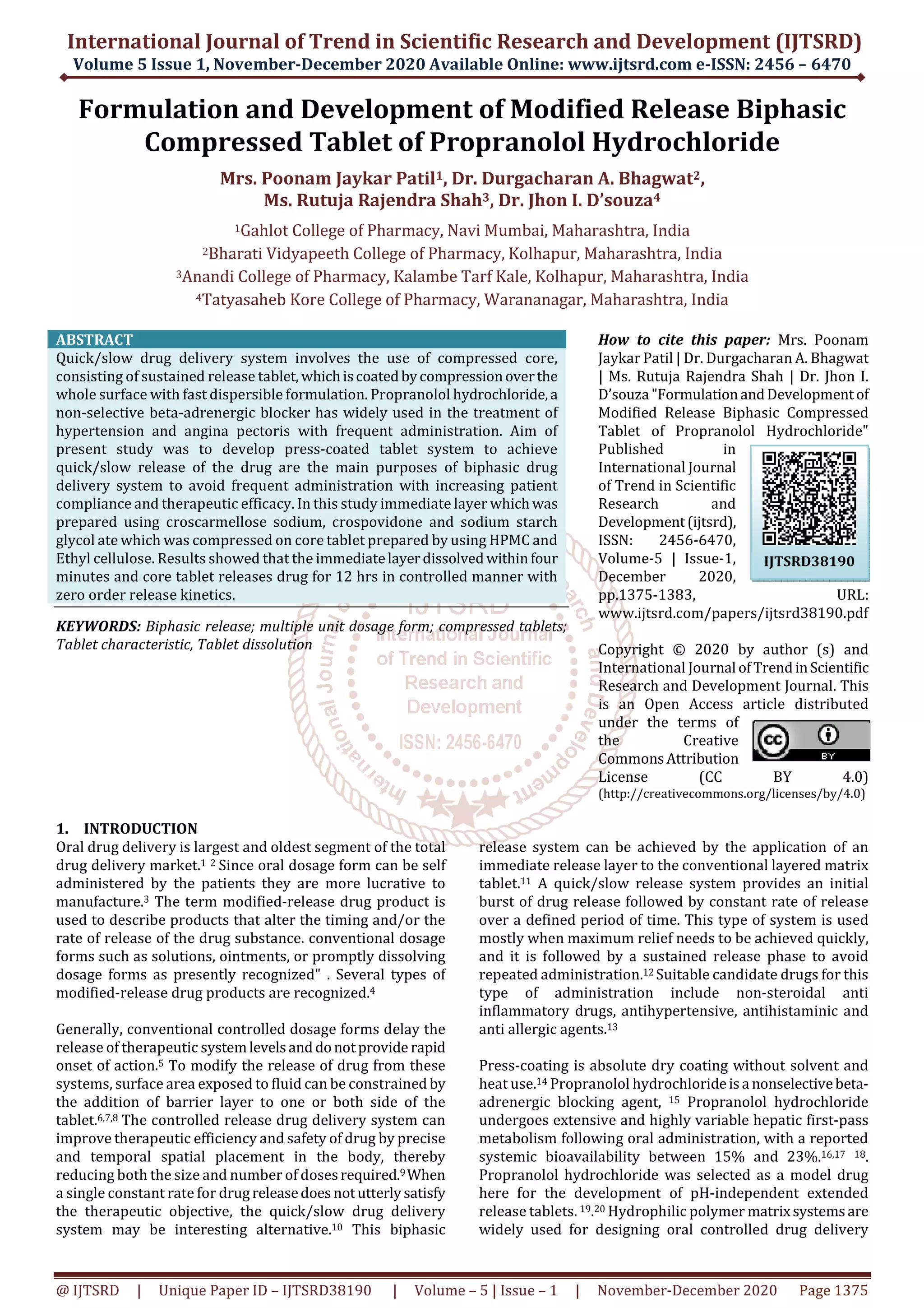Formulation And Development Of Modified Release Biphasic Compressed