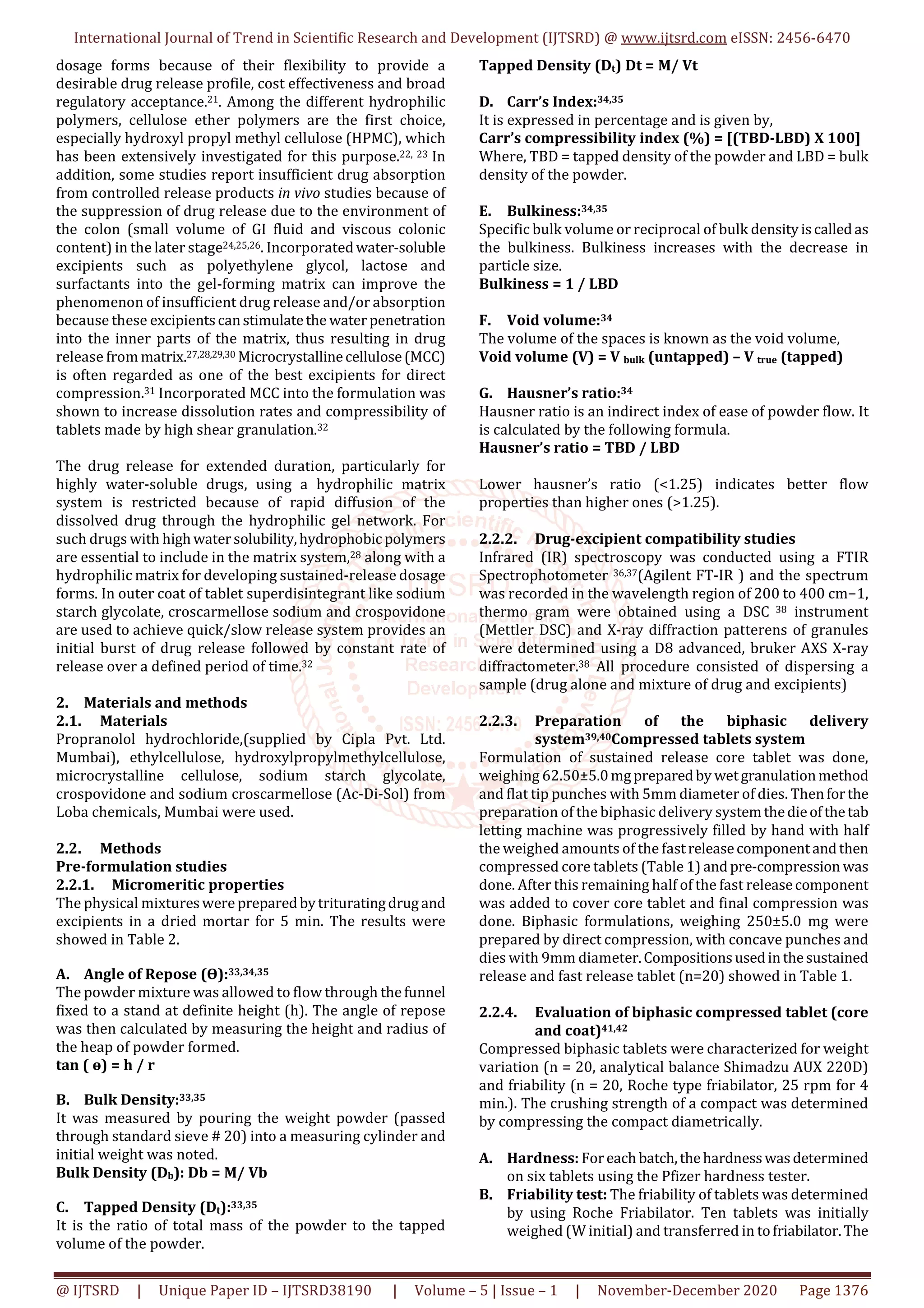 Formulation And Development Of Modified Release Biphasic Compressed Tablet Of Propranolol