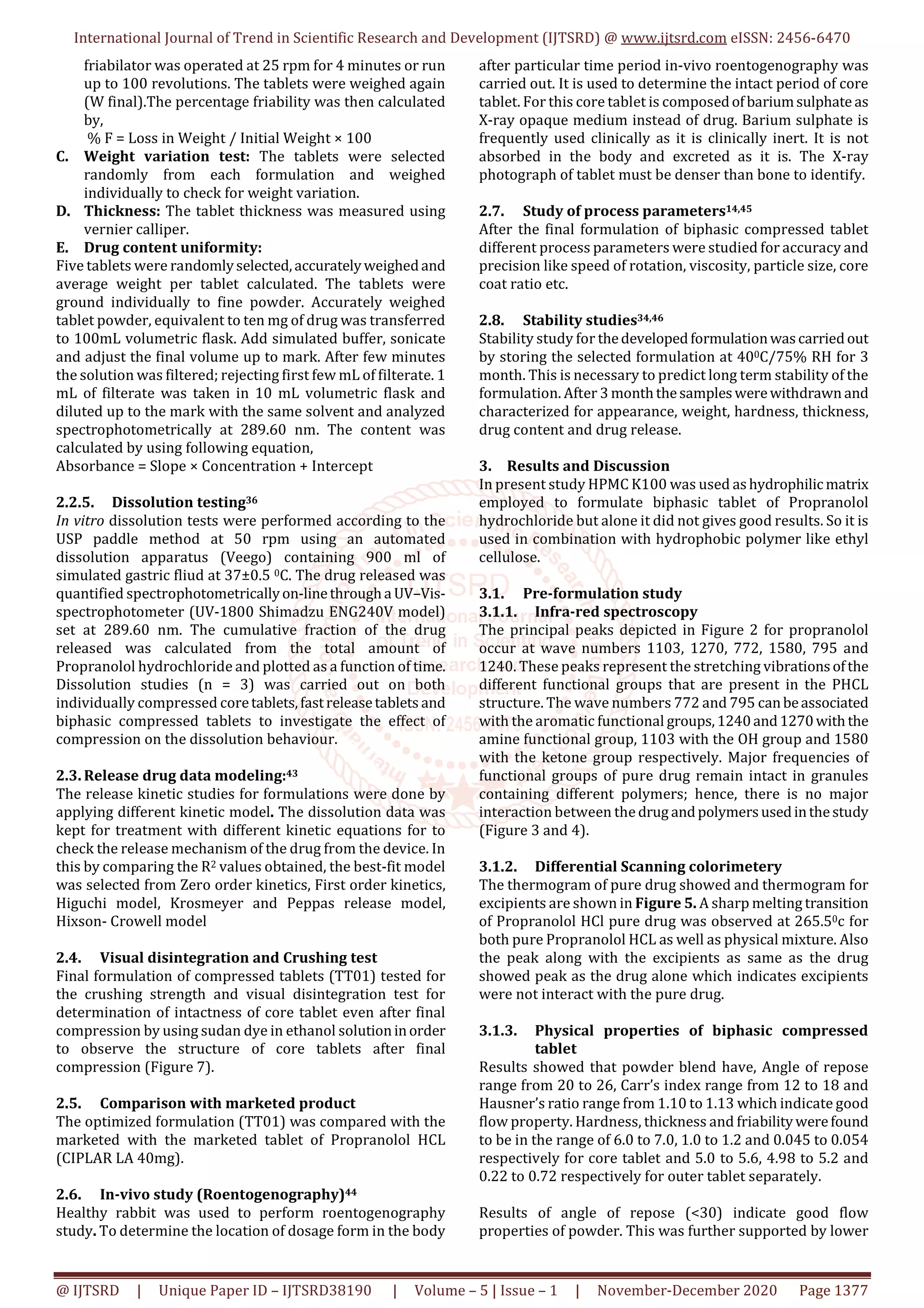 Formulation And Development Of Modified Release Biphasic Compressed Tablet Of Propranolol