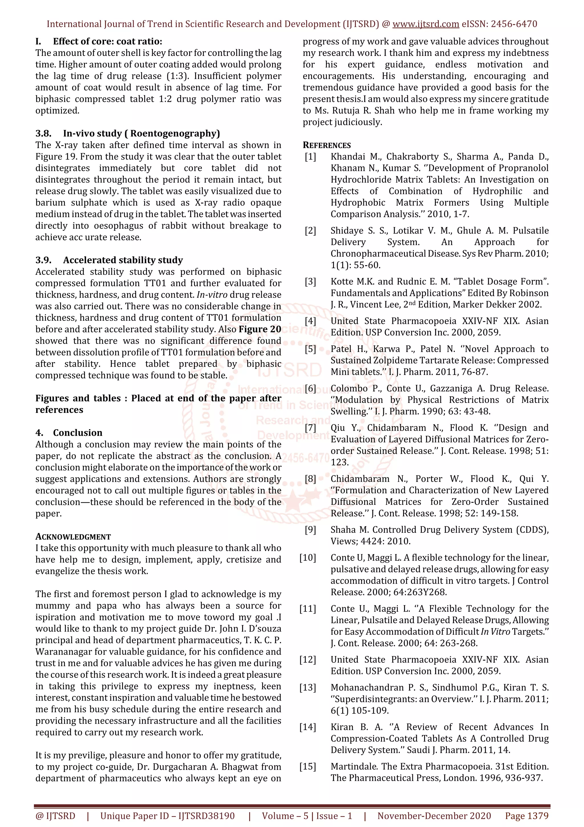 Formulation And Development Of Modified Release Biphasic Compressed Tablet Of Propranolol