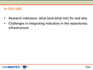 Integrating research indicators for use in the repositories ...
