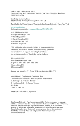 The Invention Of Tradition Reissue Eric Hobsbawm Terence Ranger | PDF