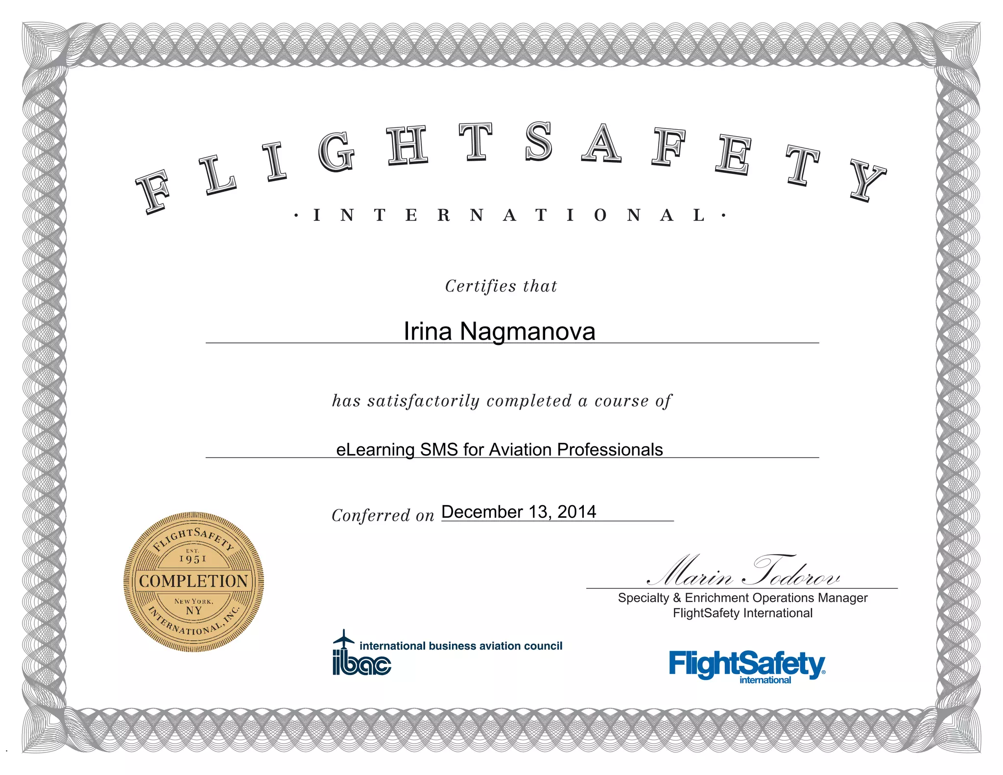 FLIGHT SAFETY SMS CERTIFICATE Nagmanova | PDF