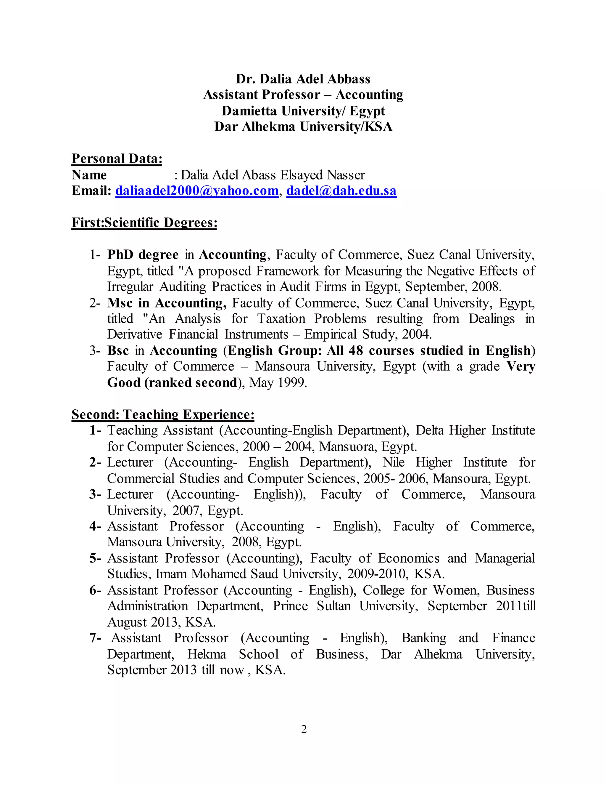 CV Dalia Adel- Accounting | DOCX | Professional School | Postgraduate Education